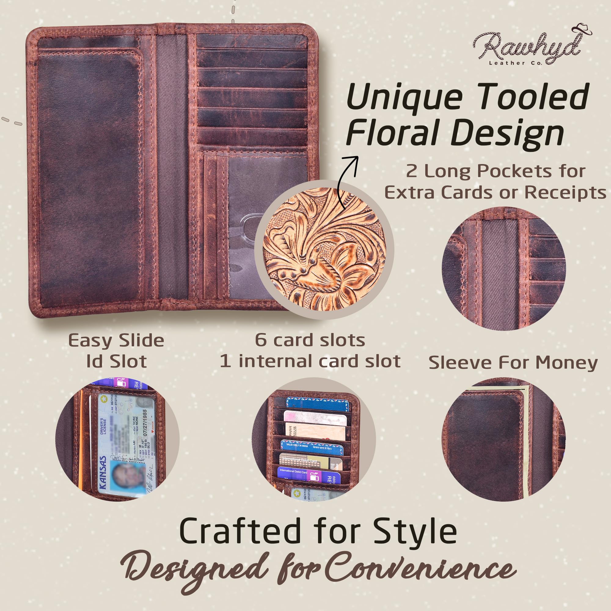 Mens Tooled Leather Wallet β RFID-Blocking Long Wallets for Men - Full Grain Leather Cowboy Wallets for Men β Floral Tooled Mens Western Wallets w/ Credit Card Sleeves - Country Western Gifts for Men