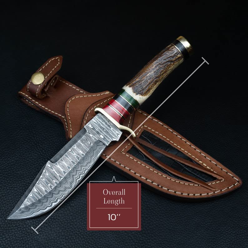 PSK158 - Handmade Damascus Steel Hunting Knife, Stag Horn Handle With Leather Sheath GIFT