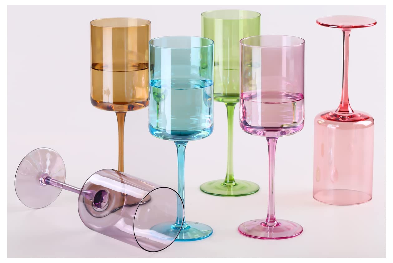 Physkoa Hand Blown Colorful Wine Glasses Set of 6 - Crystal Stemware Glasses with Long Stem, Ideal for Weddings, Engagements, and Parties, 11.5oz