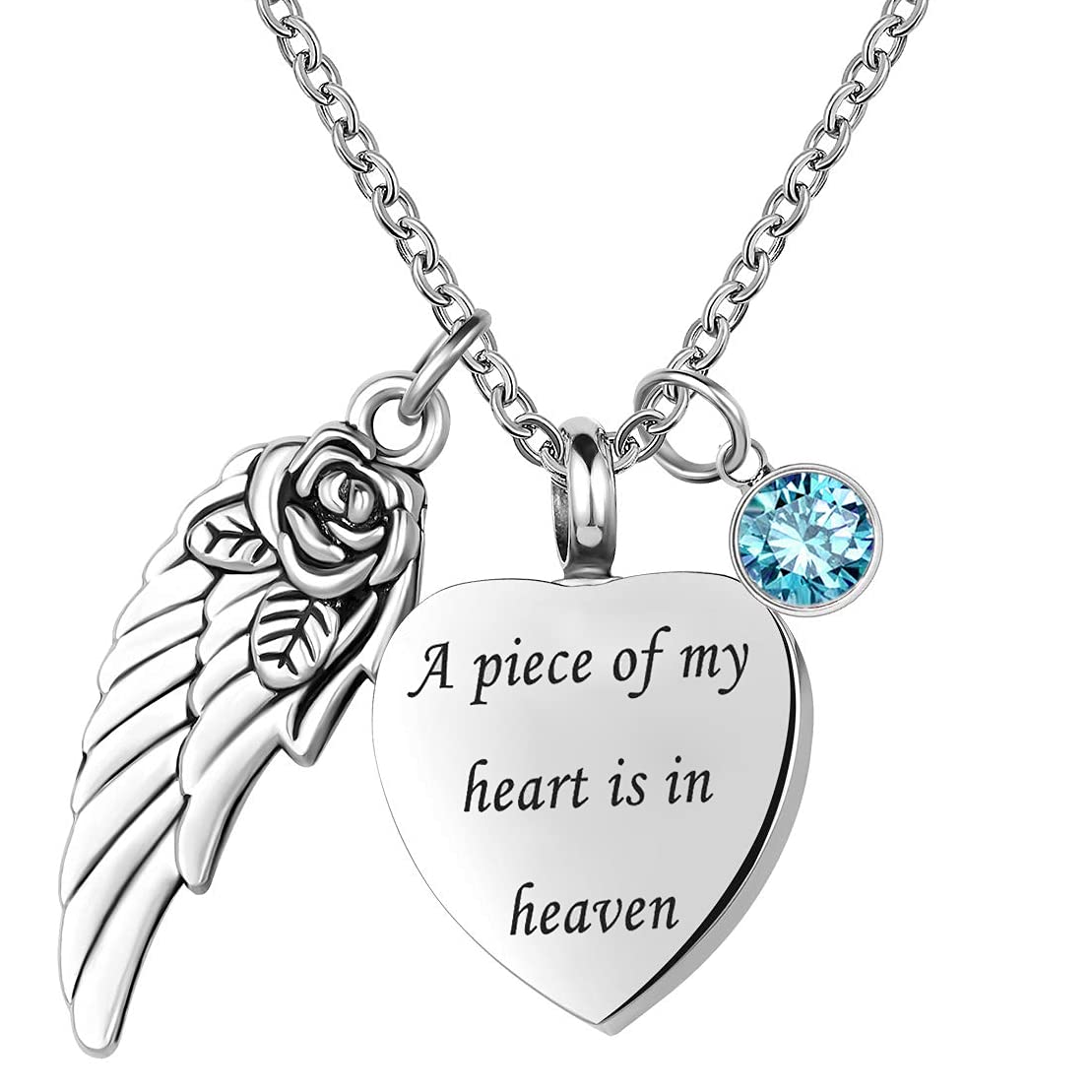 NanMuc Women's Heart Urn Necklace for Ashes Cremation Jewelry March Birthstone Angel Wing in Loving Memory Keepsake Necklace