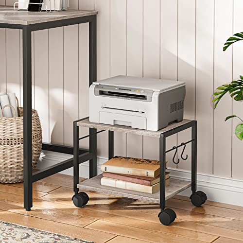 MAHANCRIS Under Desk Printer Stand, 2-Tier Printer Cart with Storage, Rolling Printer Table on Wheels and 2 Hooks, Printer Holder for Desk Shelf Organizer for Home Office, Greige PTHG2001Z