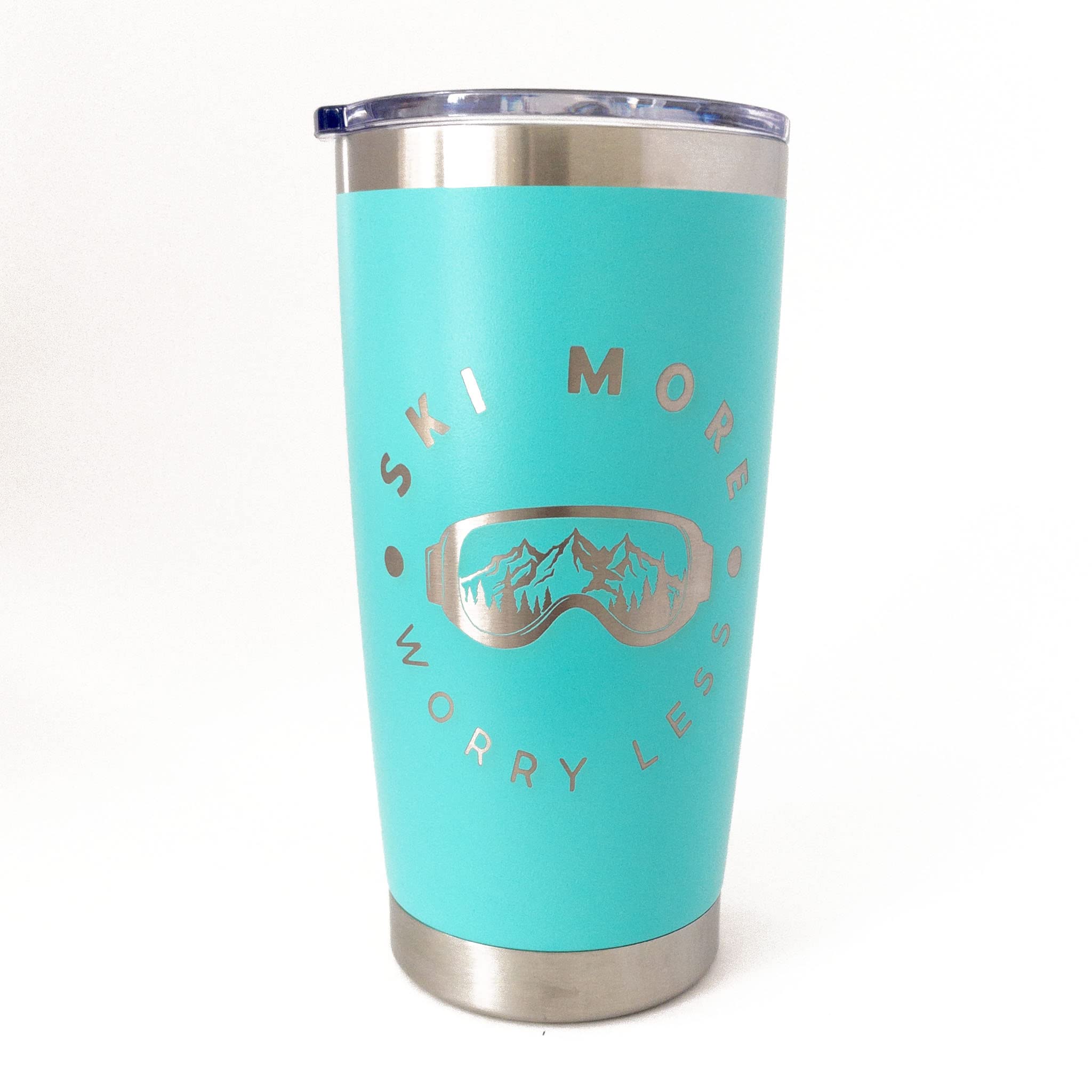 Ski More Worry Less 20oz Coffee Tumbler (Teal), Skiing Gifts for Women, To Go Travel Coffee Mug, Snow Ski Accessories Fun