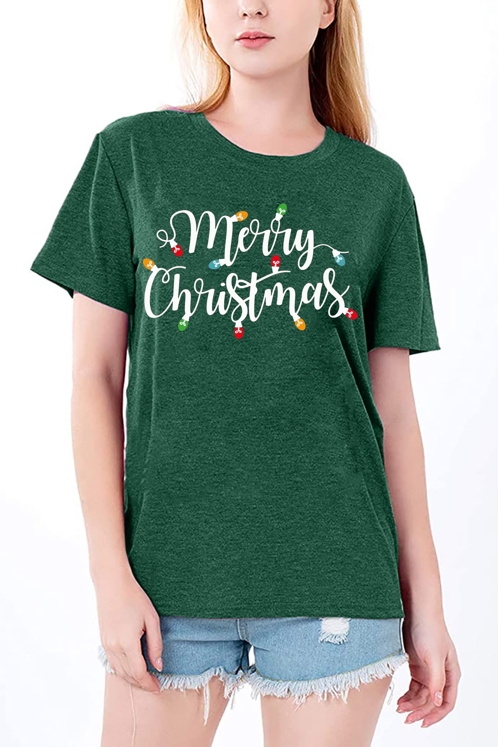 MAIHUN Christmas Shirts Womens Merry Christmas Shirt Xmas Holiday Tshirt Christmas Lights Tee Green