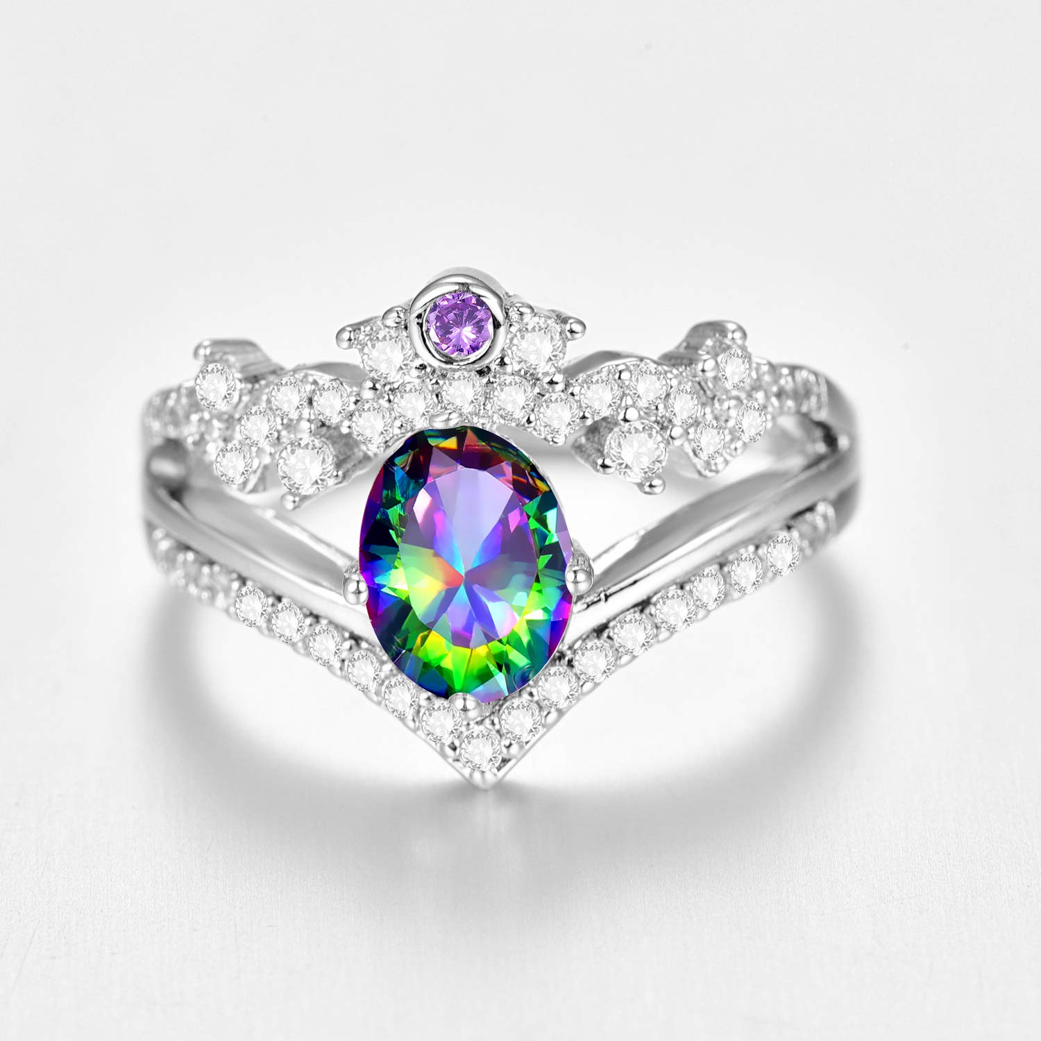Narica Silver Plated Oval Cut Created Rainbow Topaz CZ Cubic Zirconia Filled Eternity Halo Cocktail Party Wedding Engagement Statement Band Elegant Women's Crown Ring for Mom Bridal Lover Gift 6#