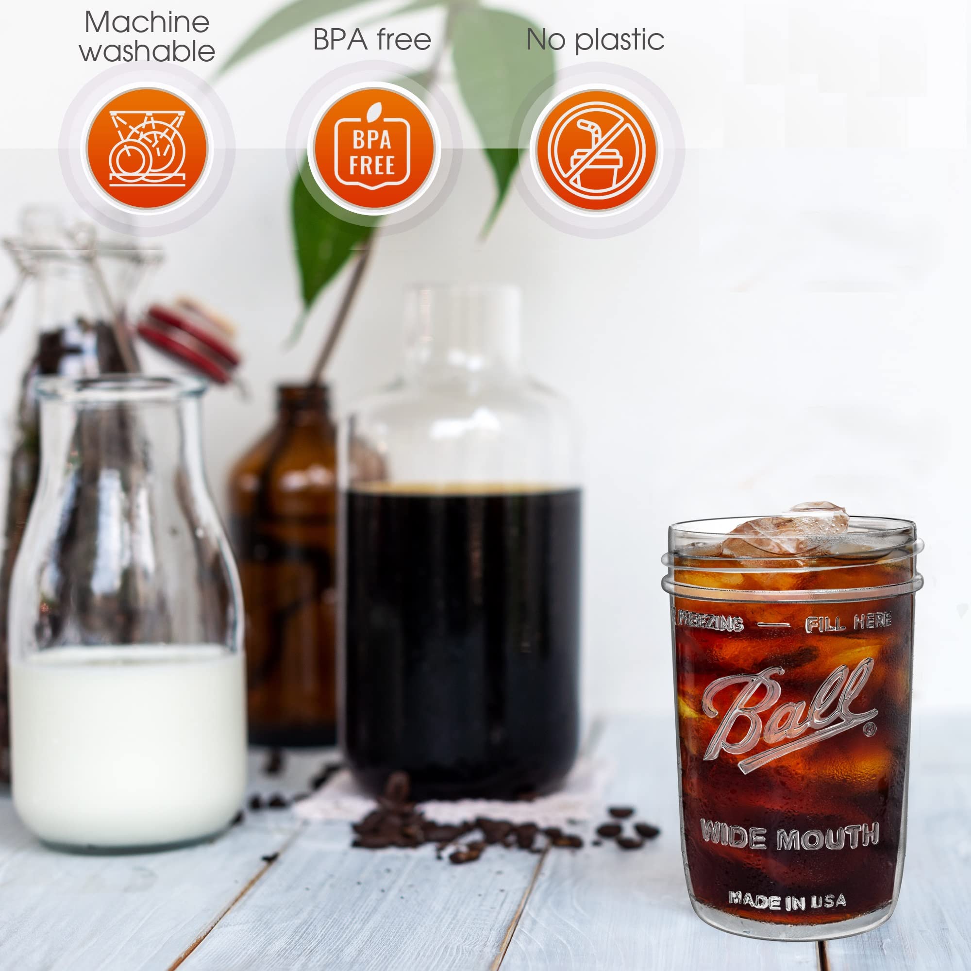 Reusable Boba Bubble Tea & Smoothie Cups - 2 Glass Wide Mouth 16oz Mason Jars with Bamboo Lids - 2 Reusable Gold Stainless Steel Boba Straws