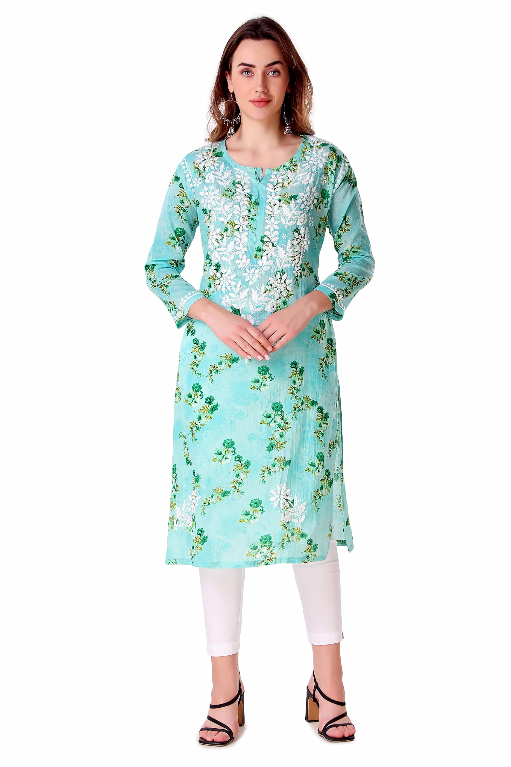 ladyline Womens Soft Cotton Lawn Printed Chikankari Lucknowi Handwork Kurti Tunic Kurta (CPEK LLKPE) (44/Sea Green)