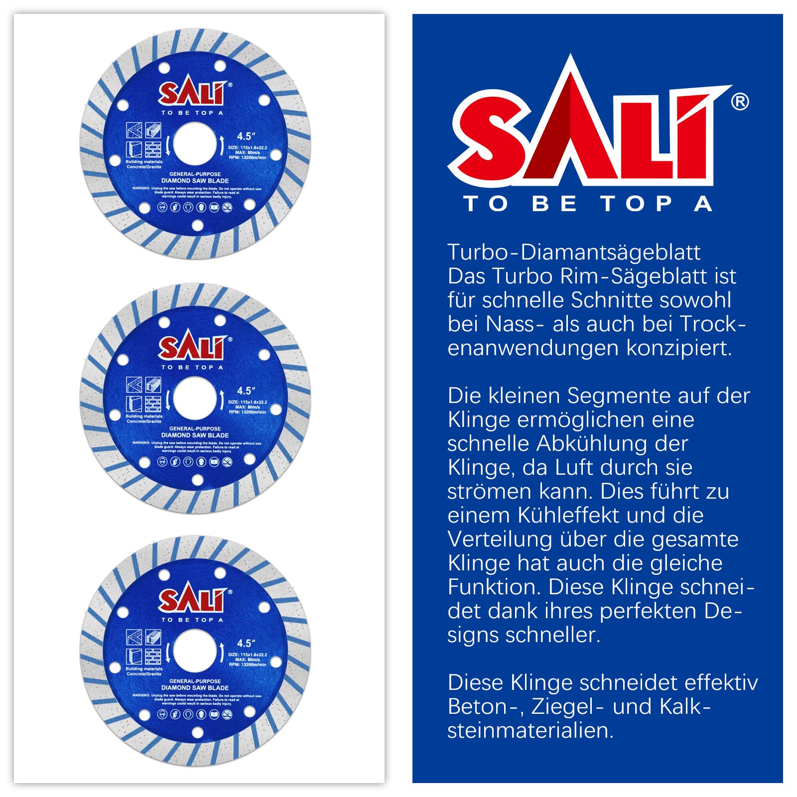 Sali 3pcs Diamond Blade for Angle Grinder Masonry Saw 4-1/2"* 5/8" Turbo Diamond Cutting Wheel for Tile, Marble, Granite, Brick, Paving Flag, Concrete, Ceramic & Kerb with 7/8" and 0.79" arbor adapter