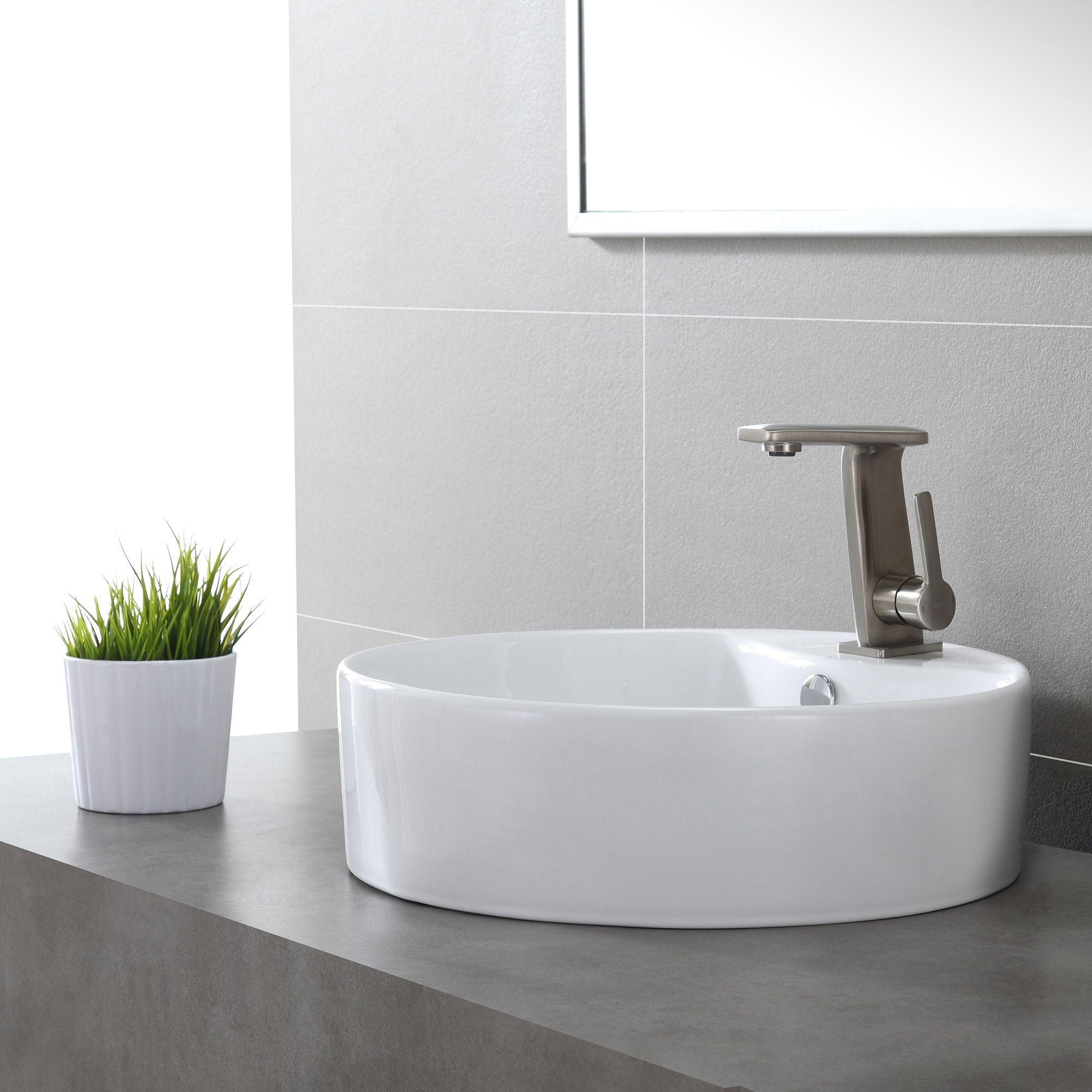 Kraus KCV-142-SN White Round Ceramic Bathroom Sink and Pop Up Drain with Overflow Satin Nickel