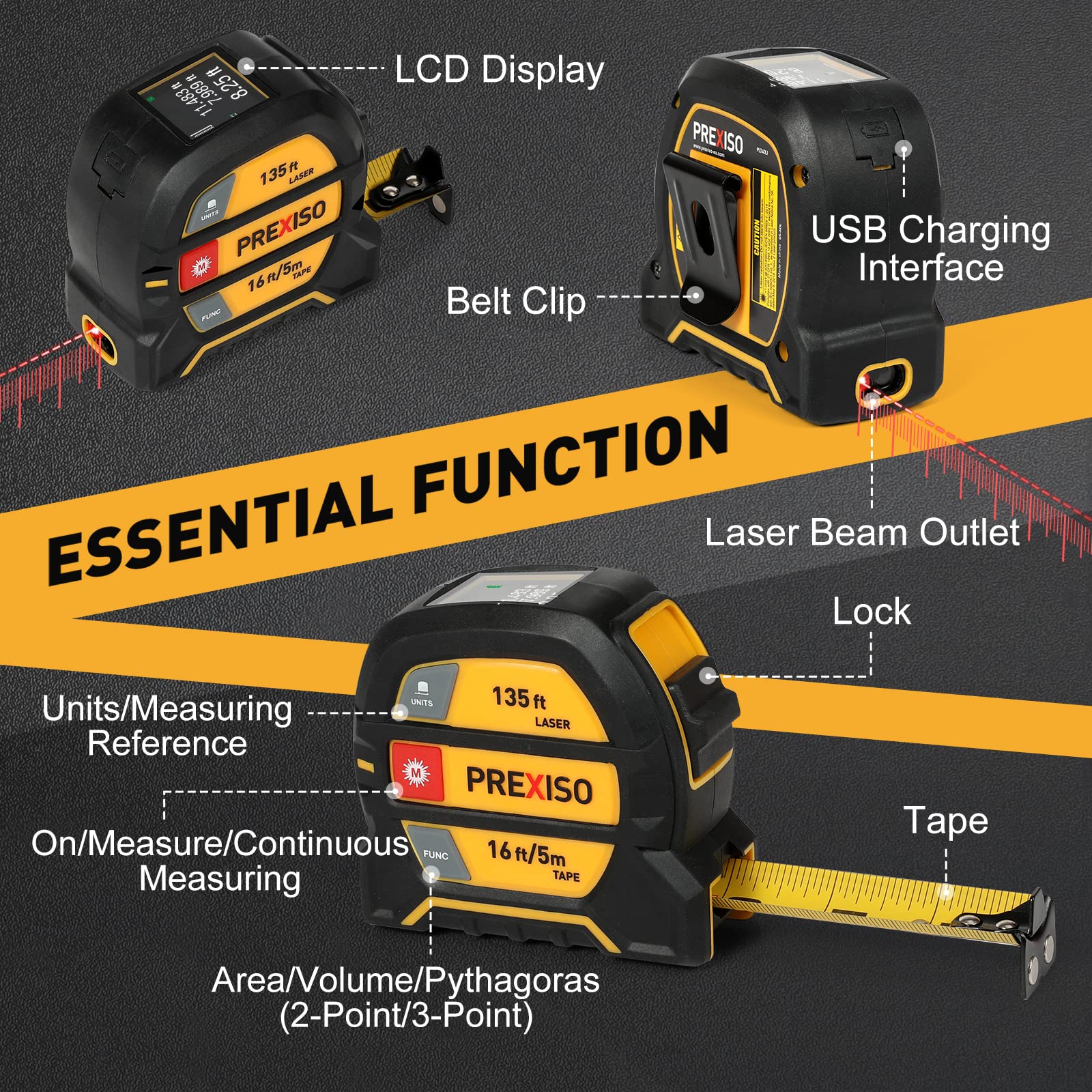 PREXISO 100Ft Rechargeable Dual Modules Laser Level & PREXISO 2-in-1 Digital 135Ft Rechargeable Laser Tape Measure - Pythagorean Mode, Area, Volume, Ft/Ft+in/in/M Unit Digital Distance Meter