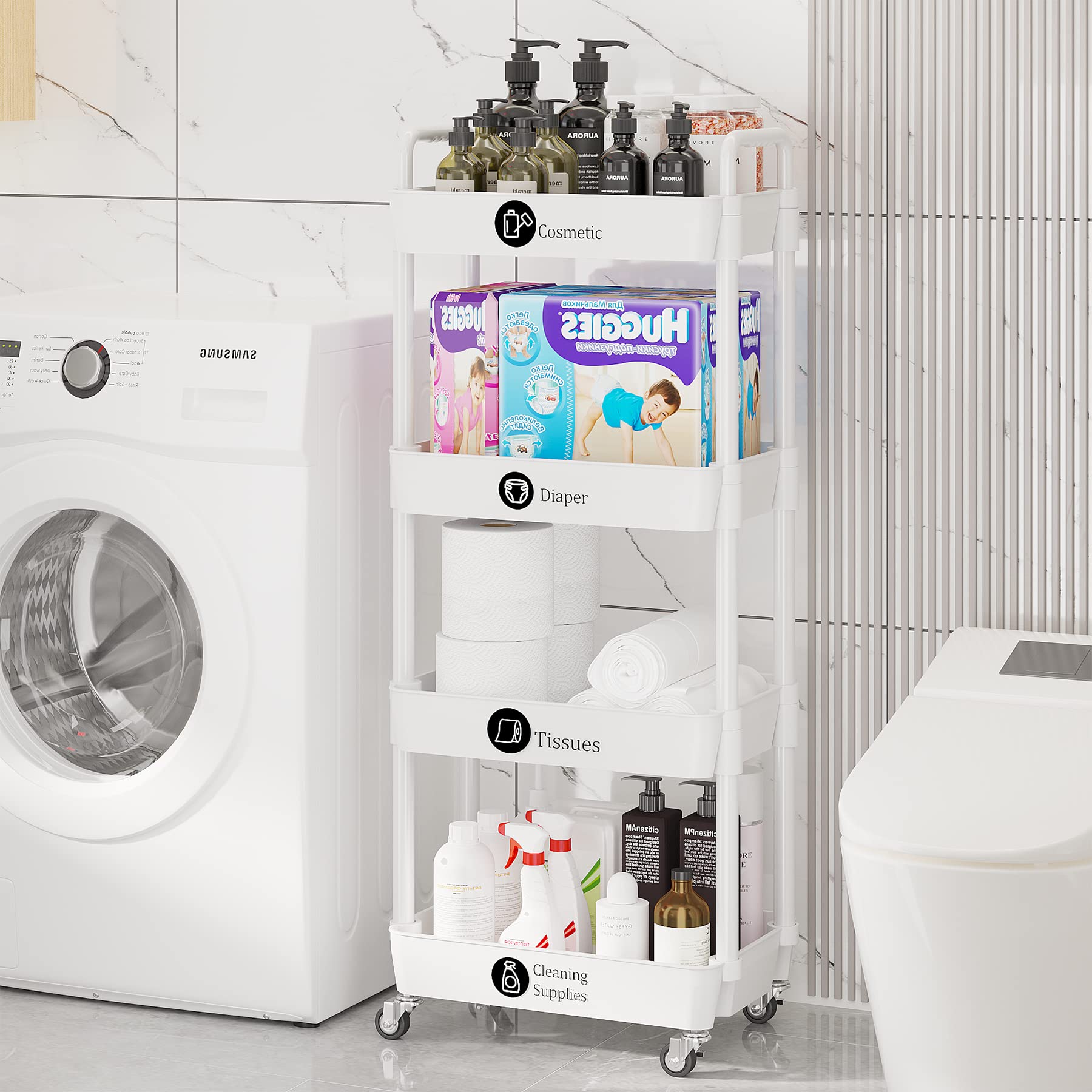 Laiensia 4-Tier Storage Cart,Multifunction Utility Rolling Cart Kitchen Storage Organizer,Mobile Shelving Unit Cart with Lockable Iron Wheels for Bathroom,Laundry,Room,with Classified Stickers,White