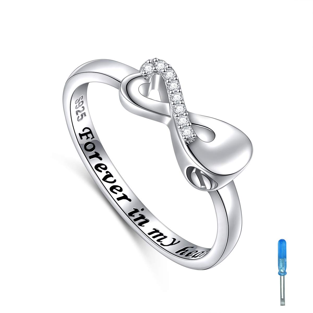 Ladytree Sterling Silver Forever In My Heart Infinity Mini Ring Hold Loved Ones Ashes Cremation Urn Ring for Women Finger Ring Memorial Jewelry (Infinity, 9)