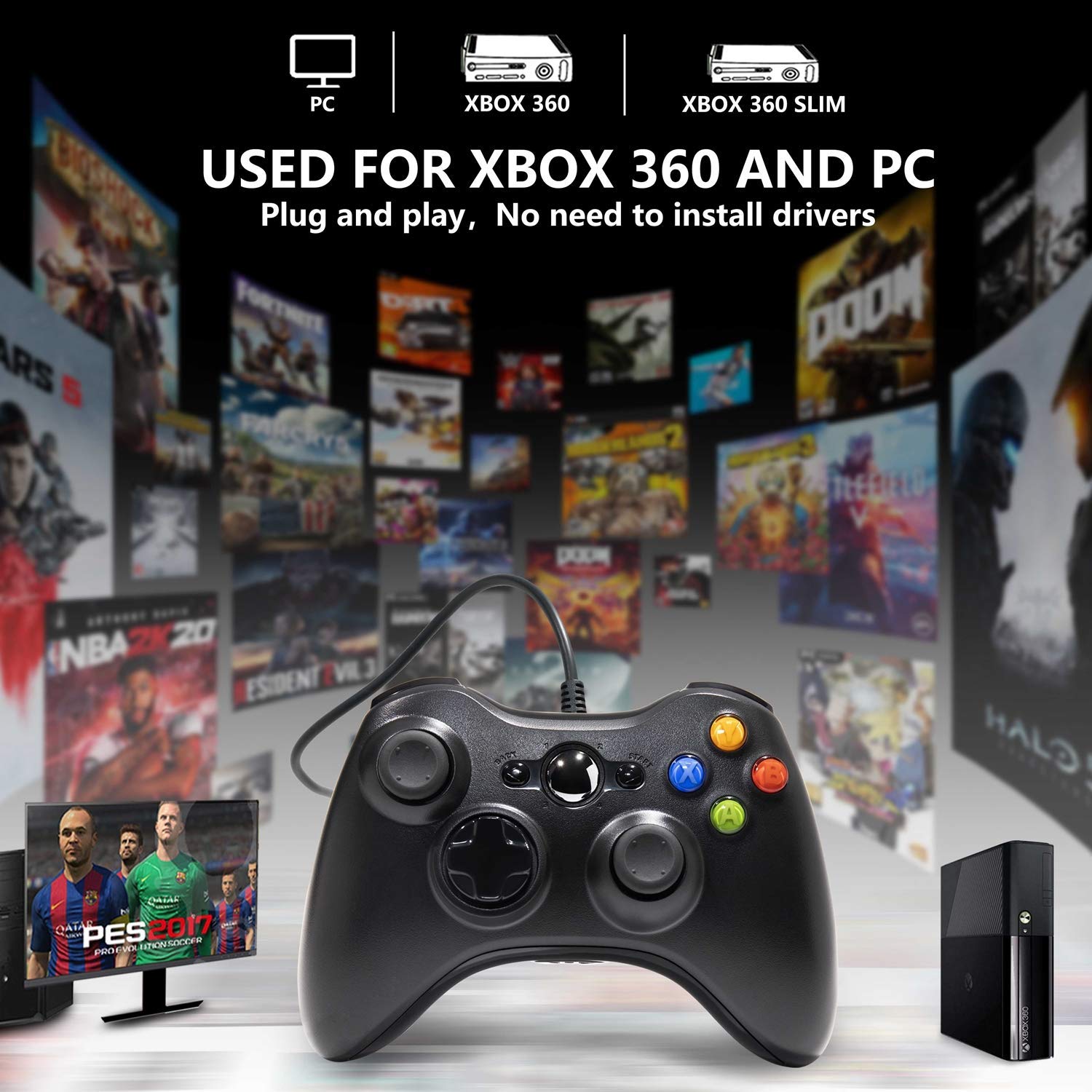 Medvoe Wired Controller for Xbox 360, 7.2 Ft USB Wired Gamepad Joystick Game Remote with Dual-Vibration Turbo, Trigger Buttons for Xbox360, Xbox 360 Slim and PC Windows 7,8,10 - Black (Renewed)