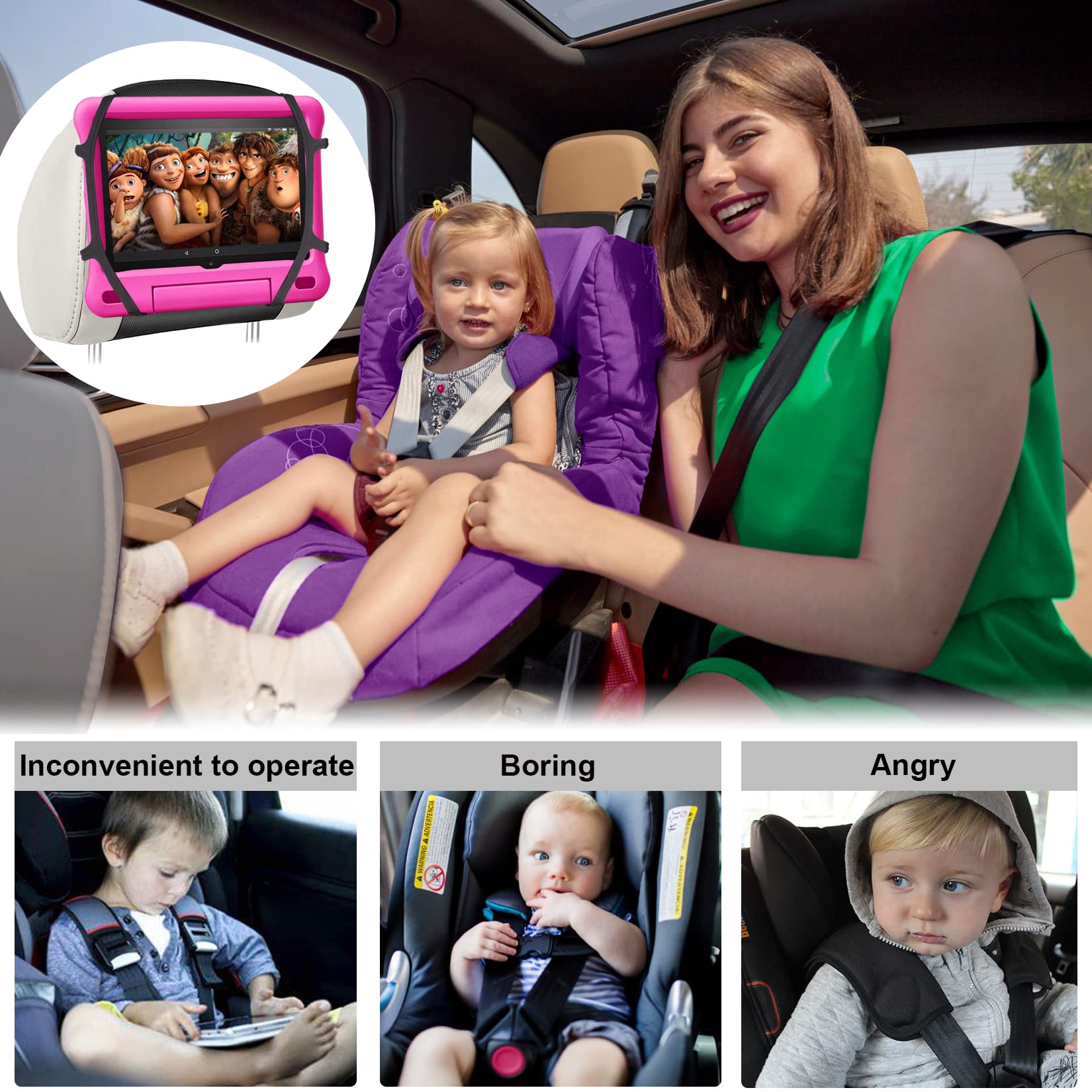 MONEER Upgraded Car Headrest Mount Holder, Tablet Holder for Car in Back Seat with Soft Silicon Holder Net and Anti-Slip Strap, Fits All 7-10.5 Inch Tablets/iPads