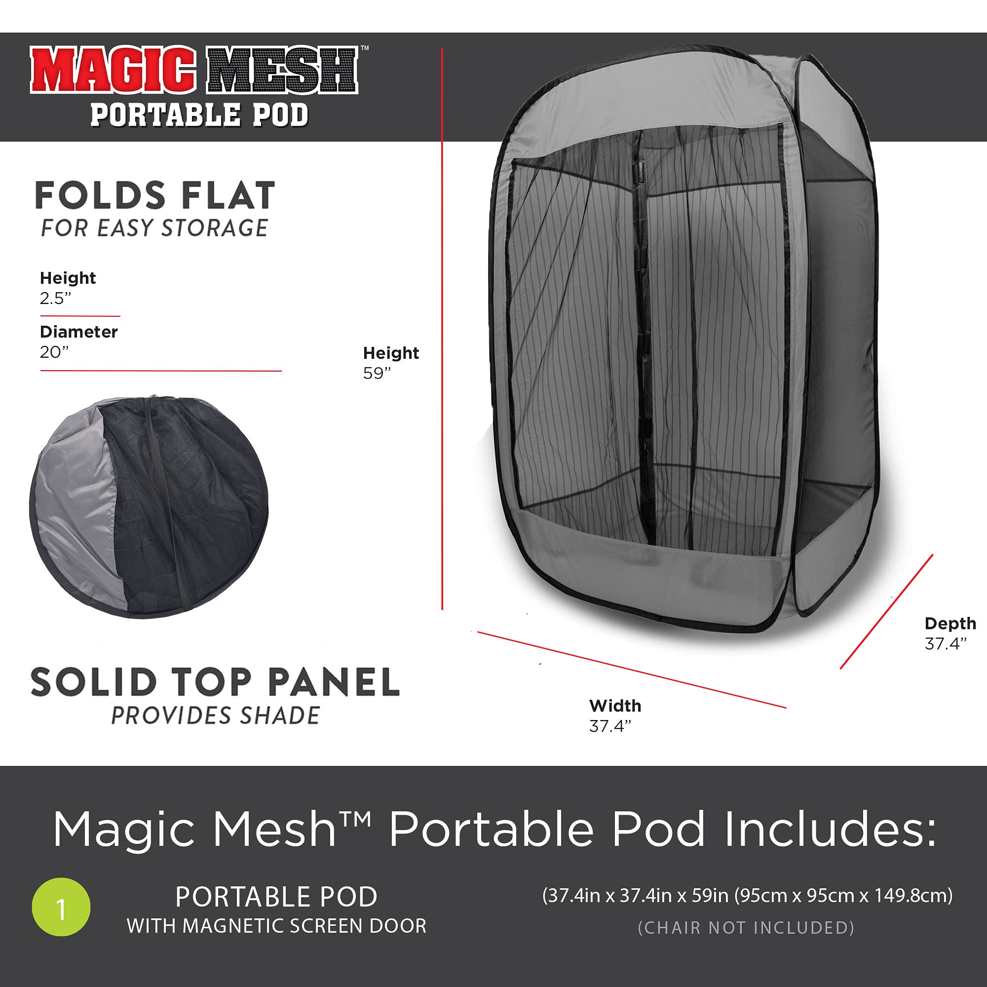 Magic Mesh Personal Portable Pod Modular Design, See-Through Mesh, Keeps Fresh Air in & Bugs Out, Pops Up in Seconds, Magnetic Door Panel, Fits One Adult & Folding Chair- 59" x 37.4" x 37.4"