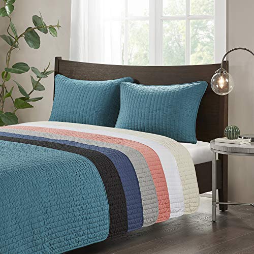 Madison Park Keaton Quilt Set-Casual Channel Stitching Design All Season, Lightweight Coverlet Bedspread Bedding, Shams, Full/Queen(90"x90"), Stripe Black