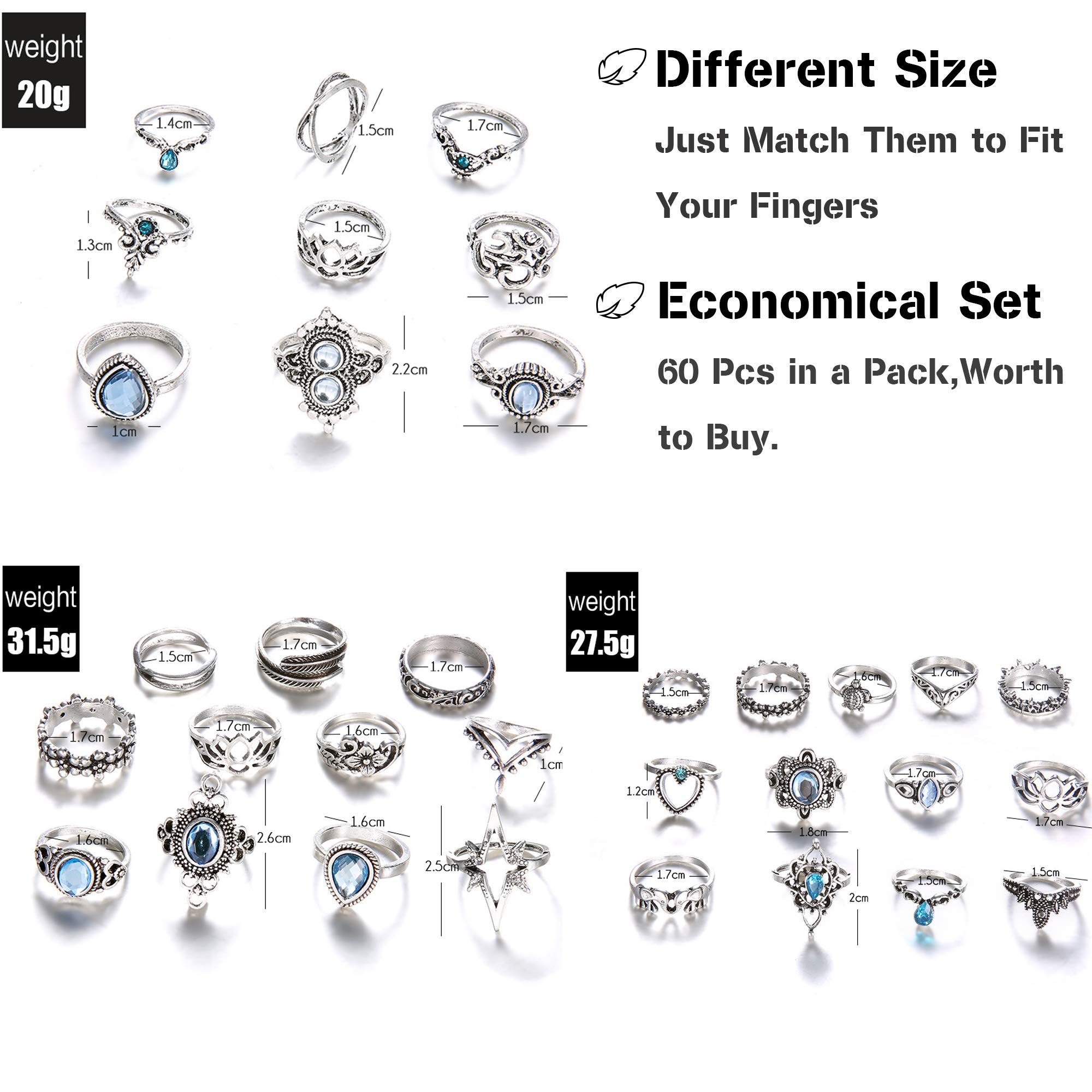 LOLIAS 60 Pcs Vintage Knuckle Ring Set for Women Stackable Rings Set Hollow Carved Flowers