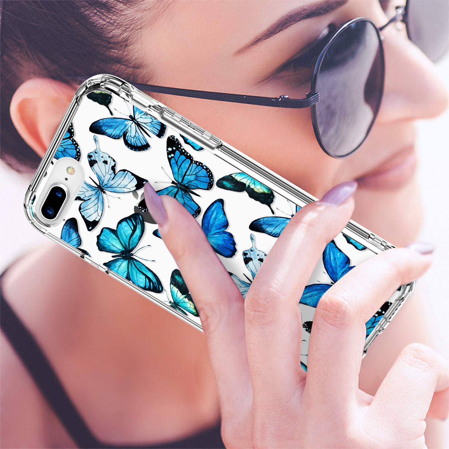 LUHOURI iPhone 8 Plus/7 Plus Case with Screen Protector,Clear Cover with Fashion Cute Designs for Women Girls,Slim Fit Durable Protective Phone Case for Apple iPhone 8 Plus/7 Plus Blue Butterflies