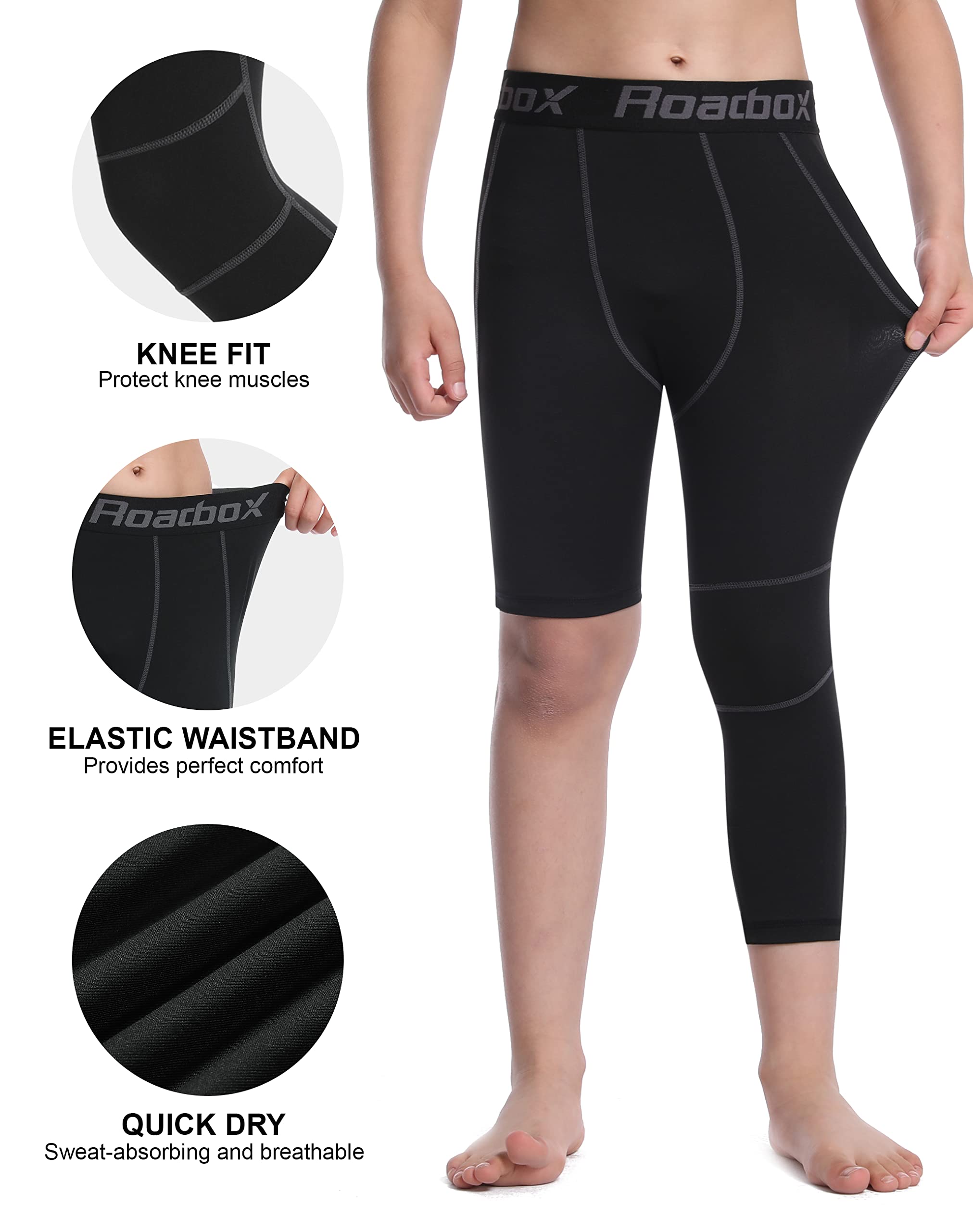 Roadbox Boys One Leg 3/4 Compression Pants 2 Pack - Basketball Tights for Gym Athletic Base Layer Leggings