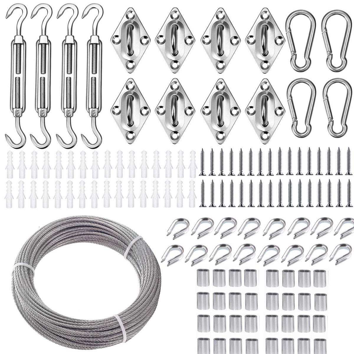 TooTaci Sun Shade Sail Hardware Kit with 1/8 Cable,304 Stainless Steel Shade Sail Hardware Kit 5inch with 100ft Stainless Steel Coated Cable,Rectangle/Triangle Sun Sail Hardware Kit for Outdoor Canopy