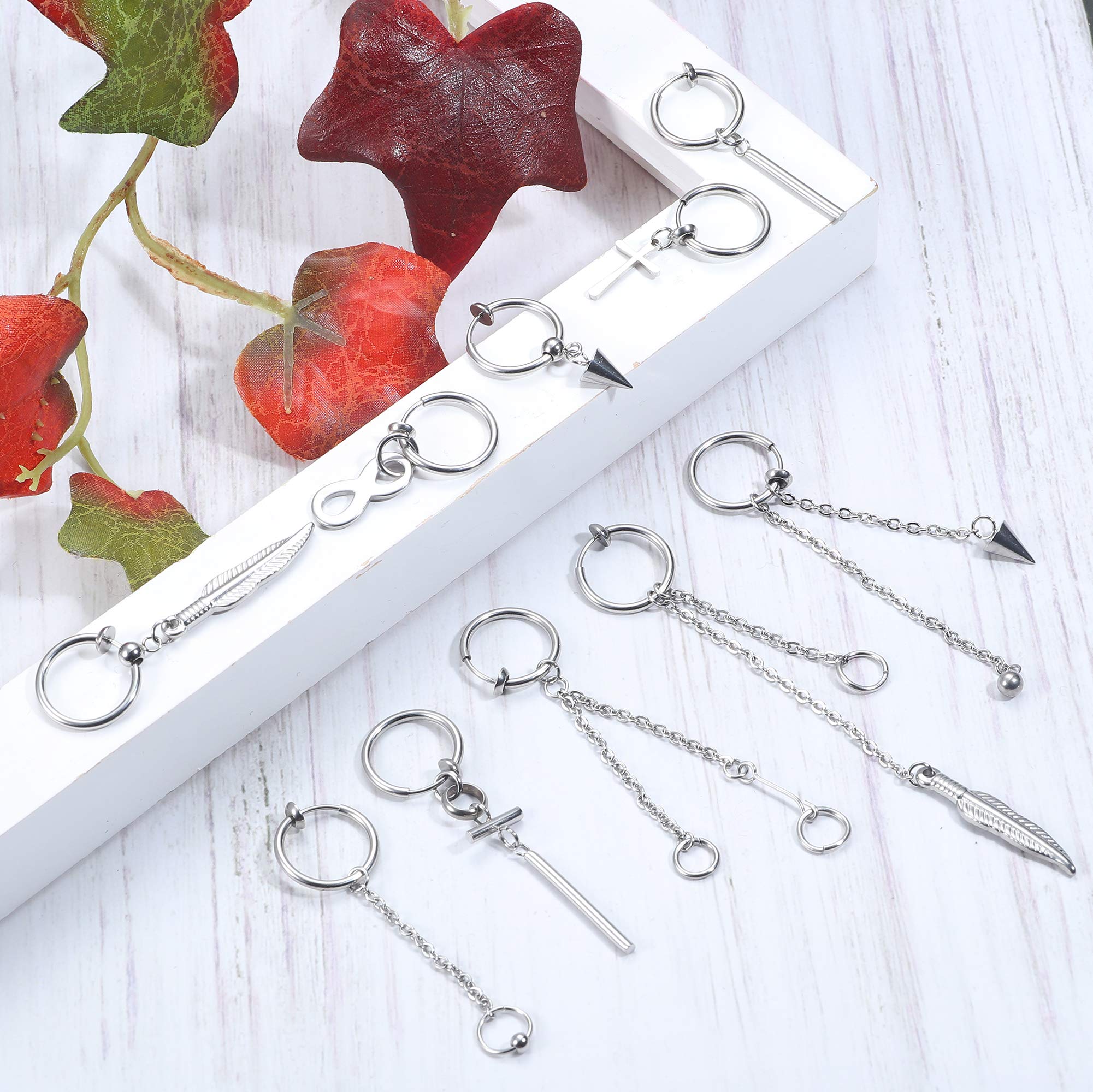 Magitaco 10 Pieces Hoop Dangle Earrings for Men Women Clip On Earrings Non Piercing Stainless Steel Dangle Hinged Hoop Earrings Long Chain Pendant Earrings Silver Kpop Earrings