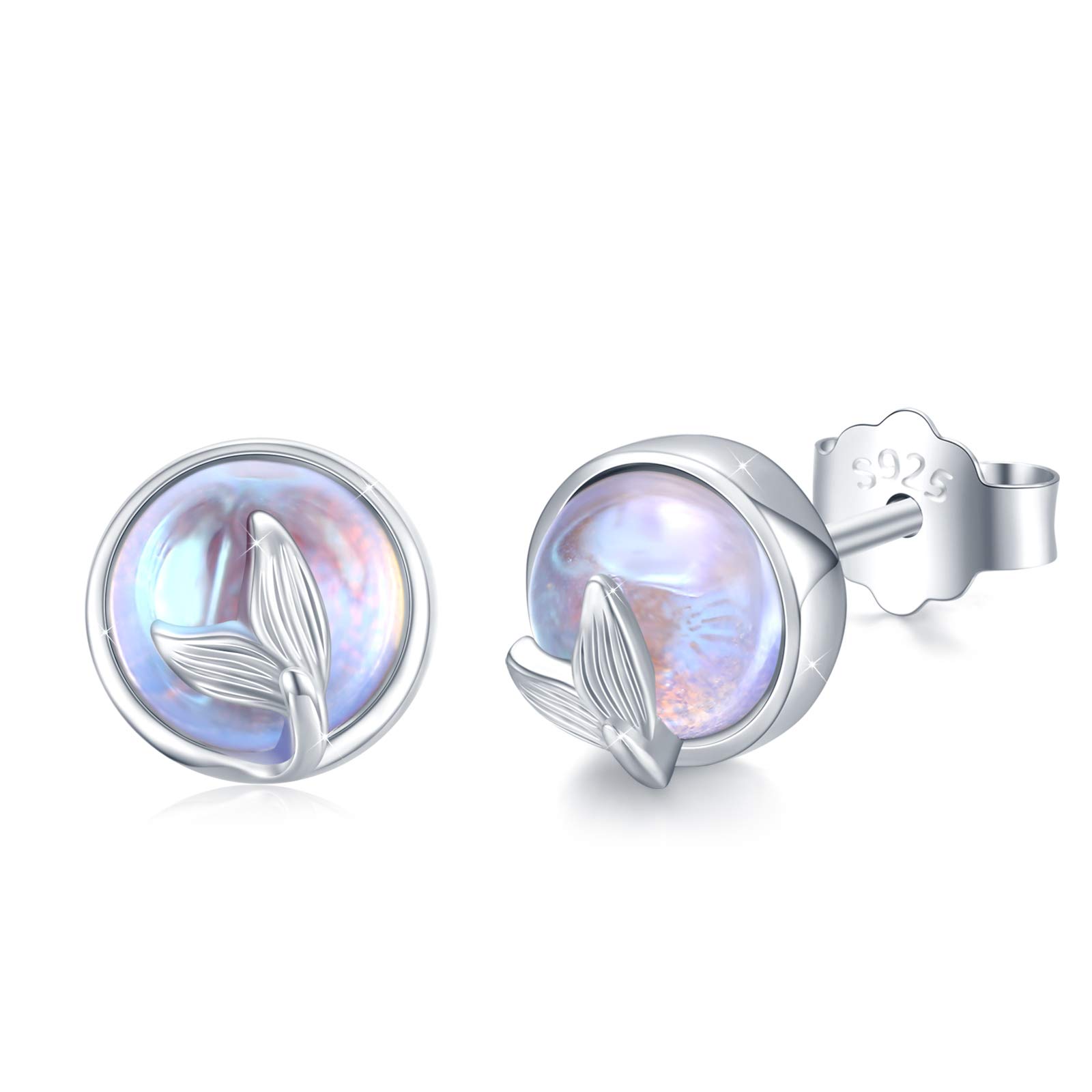 Mermaid Tail Moonstone Stud Earrings Jewelry Gifts 925 Sterling Silver Ocean Sea Whale’s Tail Earrings Moonstone Fishtail Stud Earrings for Women