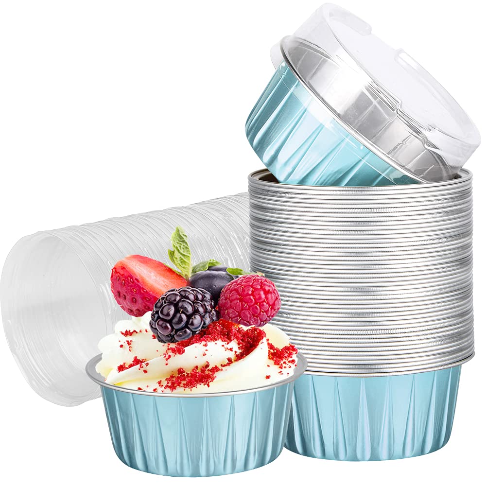 Ramekins with Lids, 25 pcs 5 oz Blue Foil Dessert Baking Cups Holders, Cupcake Liners for Baking Utility Clear Pudding Cups for Wedding,Christmas,Kitchen,Birthday Party,Various Holiday Parties