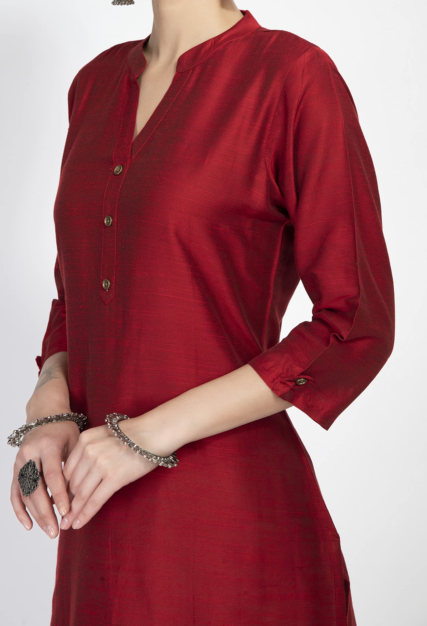 Lagi Women Solid Straight Poly Silk Kurta With Mandarin collar, Maroon (Medium)