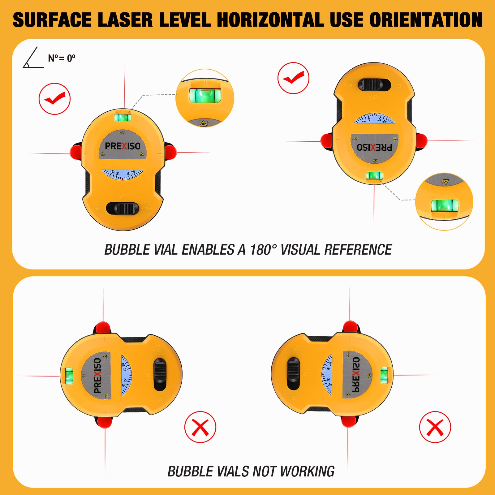 PREXISO Multi Surface Laser Level LED Light Vial, 30Ft Horizontal & Vertical Line Laser with Wall Mount Base, 2 Pins, 10 Sticker, 2 AA Batteries for Hanging Frames & Picture, Construction Wall Writing