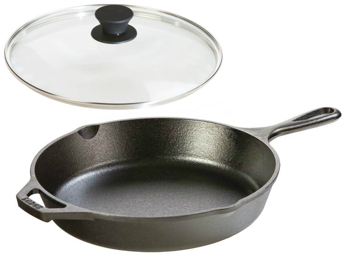 Lodge Seasoned Cast Iron 4 Piece Bundle. Two Sets of Cast Iron Skillets with Tempered Glass Lids. (10.25 Inch Set + 12 Inch Set)