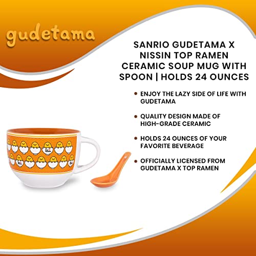Silver Buffalo Sanrio Gudetama x Nissin Top Ramen Ceramic Soup Mug with Spoon | Holds 24 Ounces