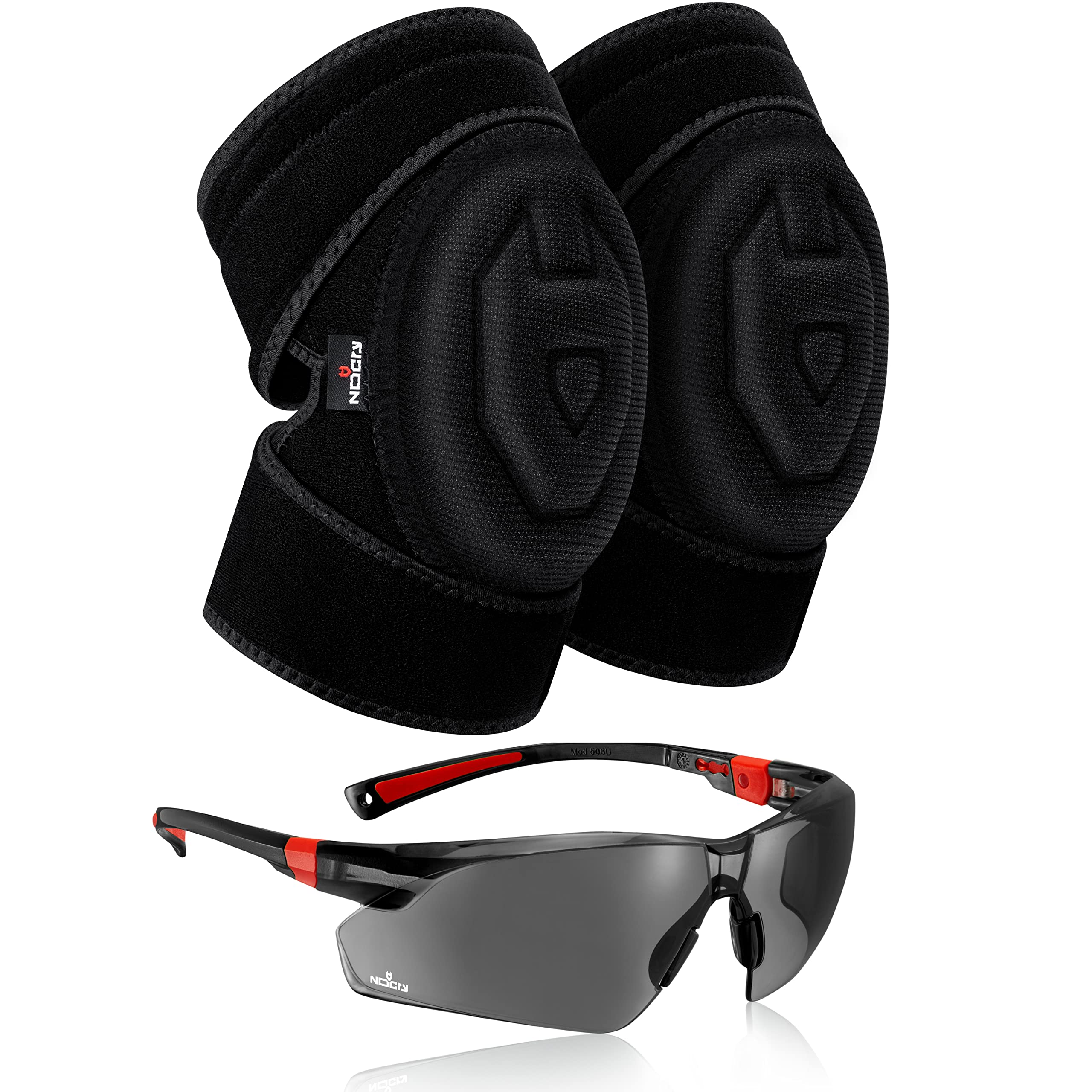 NoCry Supportive Sports and Gardening Knee Pads; Unique Adjustable Straps; Soft Knee Pads for Gardening & Work and Sports Safety Sunglasses with Green Tinted Lenses, UV 400 Protection. Black & Red