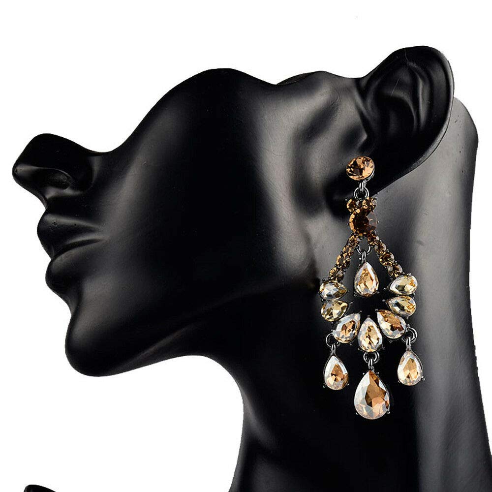 Long Art Deco Vintage Antique Retro Style Citrine Honey Amber Topaz Rhinestone Prom Pageant Statement Chandelier Earrings