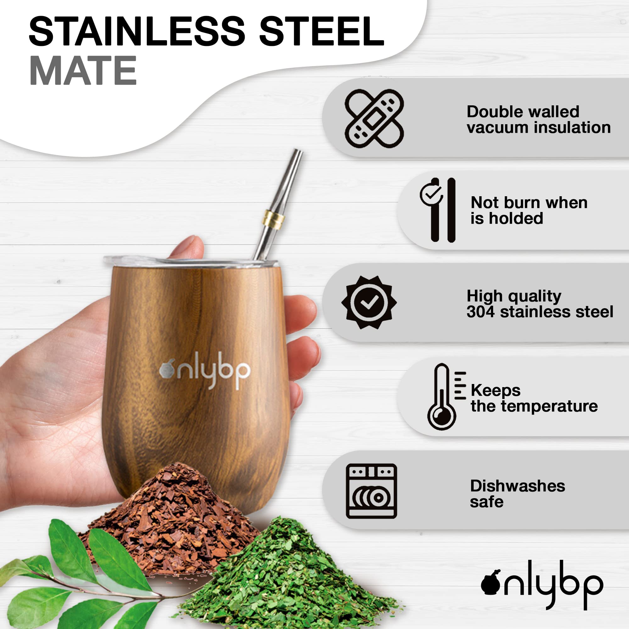 OnlyBP - Argentinian Mate Kit, Includes Yerba Mate Cup, 2 Straws, and Cleaning Brush (Wood)