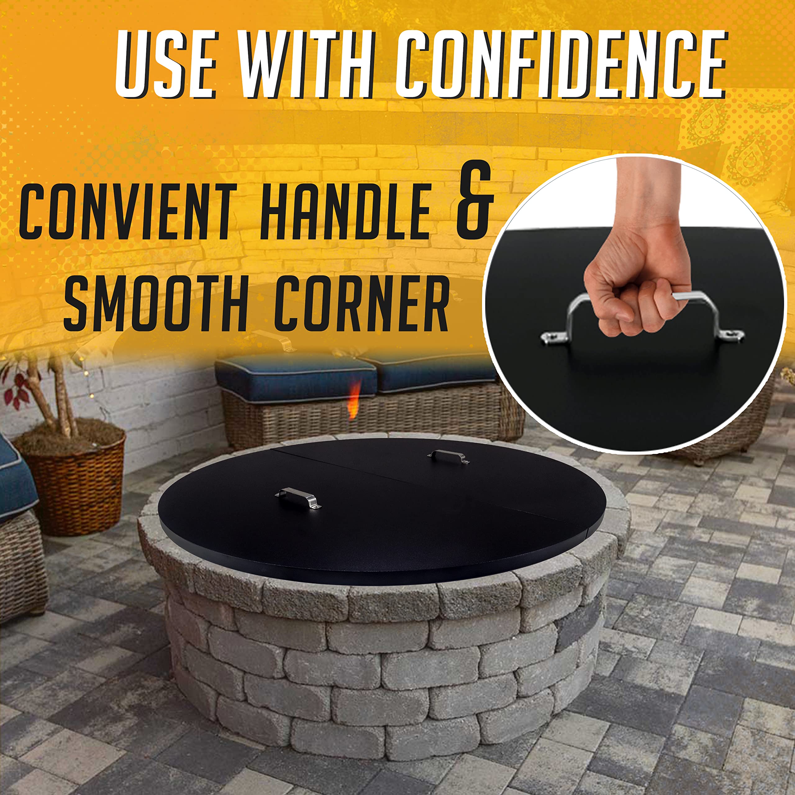 Simond Store Portable Fire Pit Cover Round, 42” inch Diameter Snuffer Lid Ring Steel, Fire Pit Pan Lid- 2 mm Thickness, with Handle