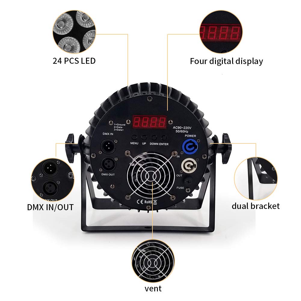 LED Par Lights Stage Lights 24LEDs 432Watts 6in1 RGBWA UV Par Lights Strict Testing Uplights with Sound Activated DMX512 Control Bright DJ Par Light for Stage Party Club Disco Wedding Events