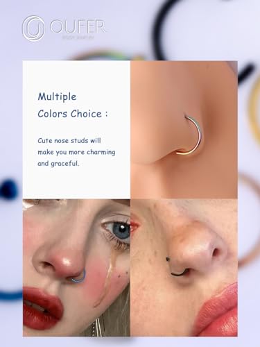 OUFER 6PCS Titanium Nose Ring Hoop, 18G 20G Titanium Nose Studs, G23 Solid Titanium Nose Rings, Gold Black Nose Stud, Nose Piercing Jewelry for Women And Men