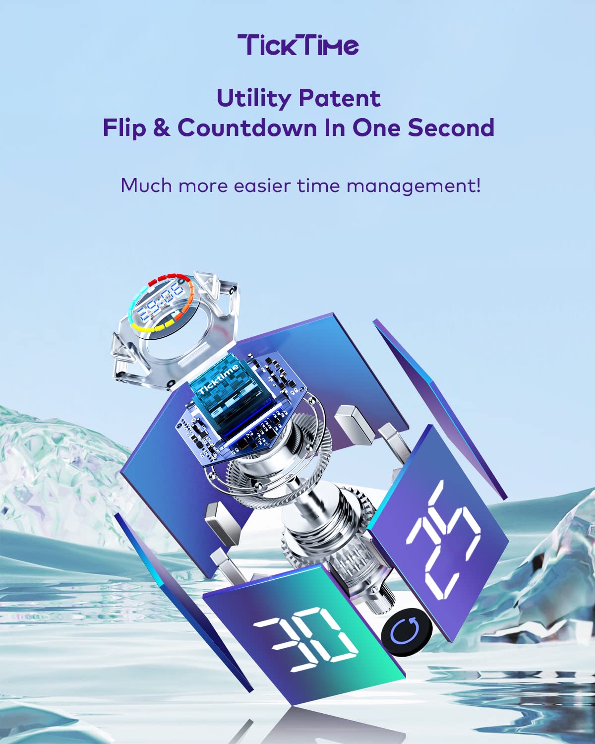 Ticktime Pomodoro Timer Clock, Productivity Timer Cube, ADHD Timer, Pause & Resume, Silent, Vibrate & Adjustable Sound Alert, for Work, Study, 5/15/25/30/45/60min & Custom Countdown, Purple