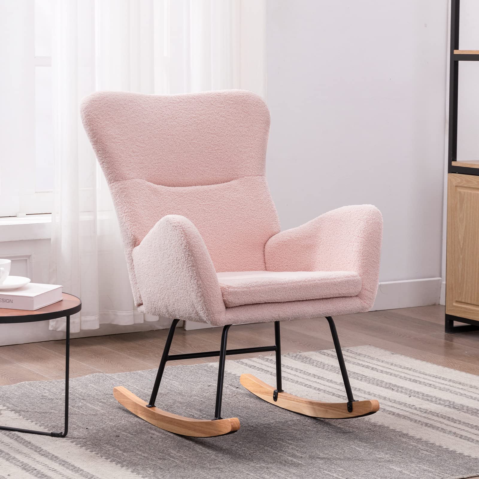 ONPNO Modern Rocking Accent Chair, High Backrest Glider Rocker for Baby Nursery, Uplostered Comfy Armchair for Living Room Bedroom (Pink)