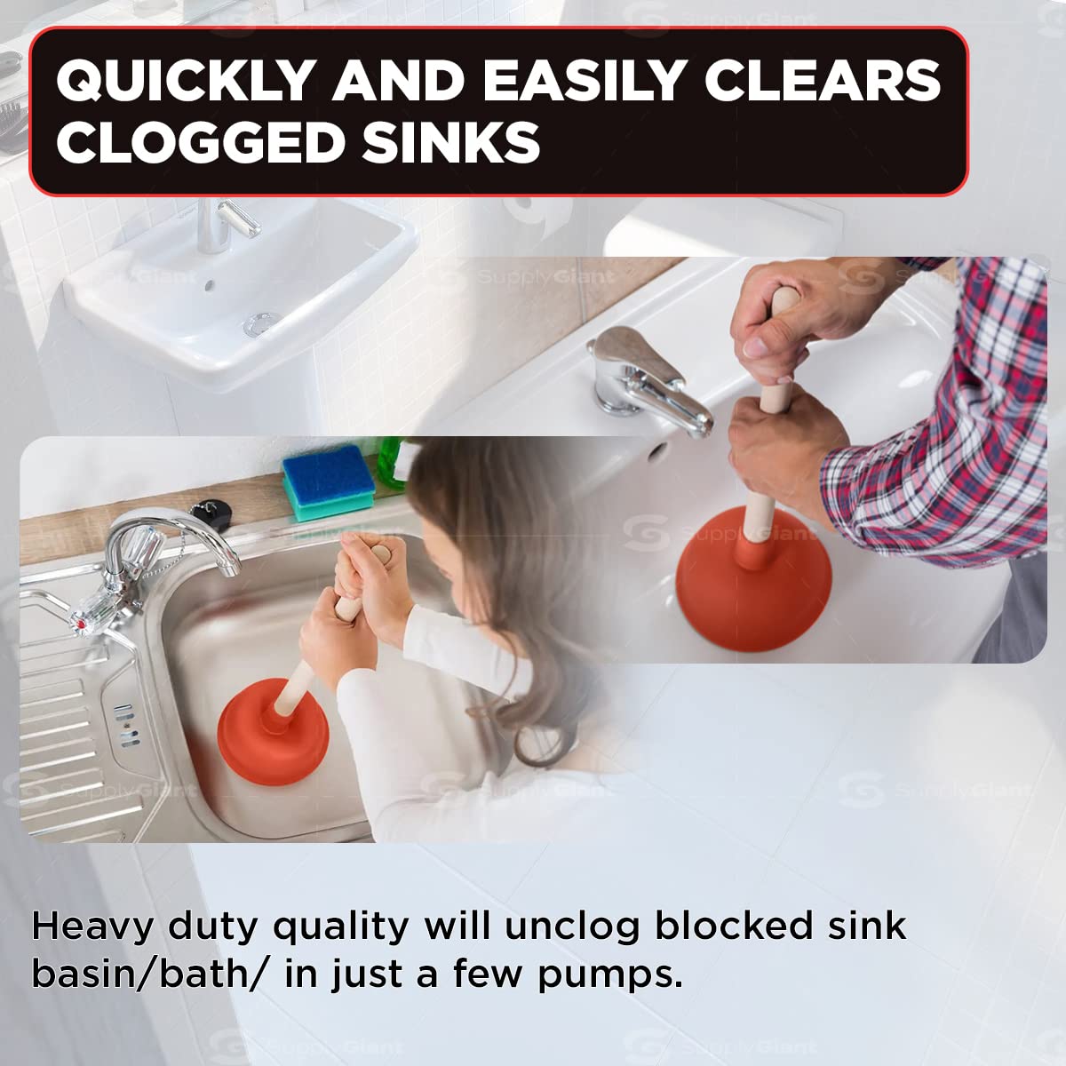 SUPPLYGIANT SU3222 Sink Plunger - Heavy Duty Rubber Plunger for Bathroom - Small Plunger for Sink with 9β Wooden Handle to Fix Clogged Basins and Tubs