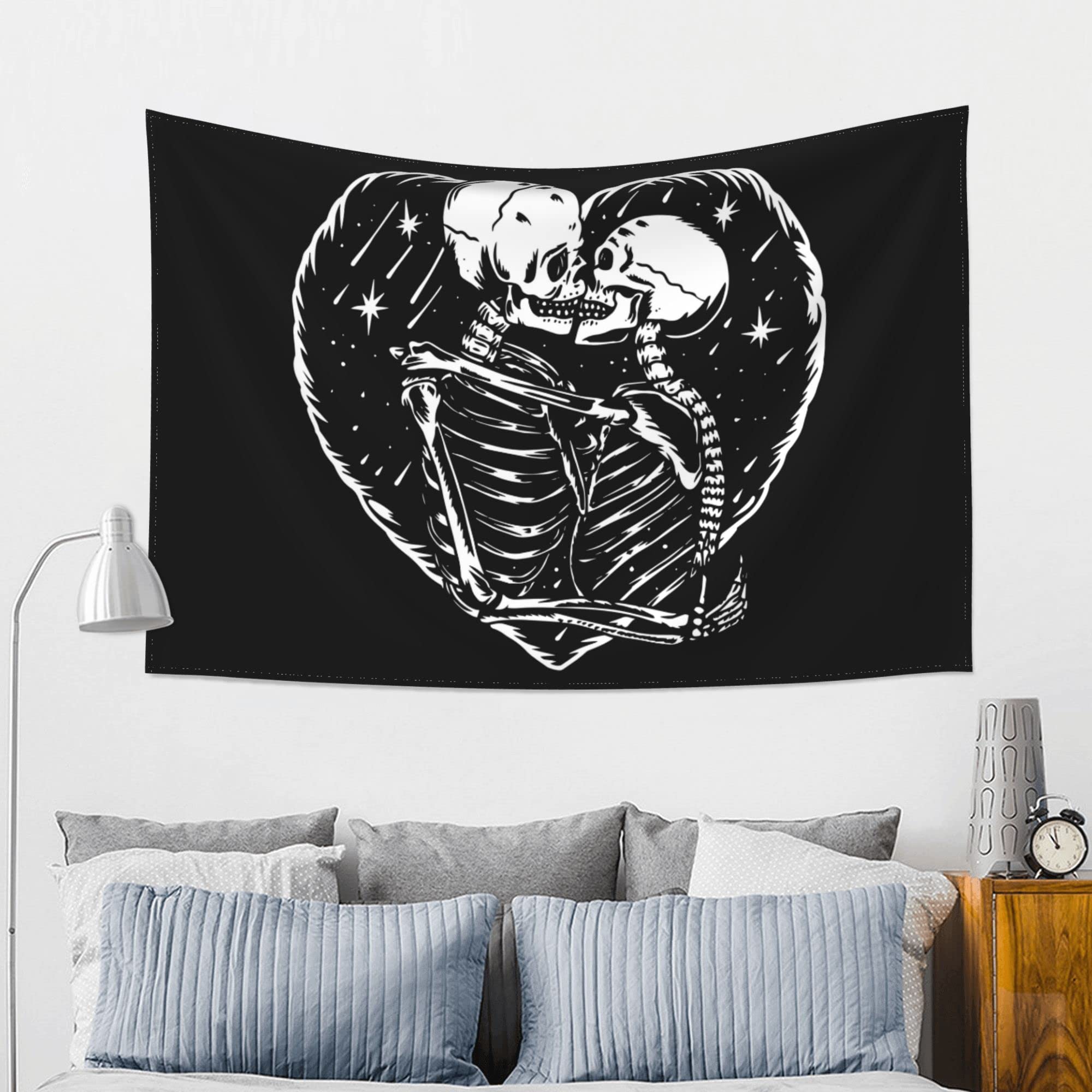 Monond Art Poster Tapestry Skull Skeleton Love Kissing Black Wall Hanging Boho Studio Room Decoration Curtain Handicrafts Trippy Small Tapestries 60"×40" for Wall Balcony Decor