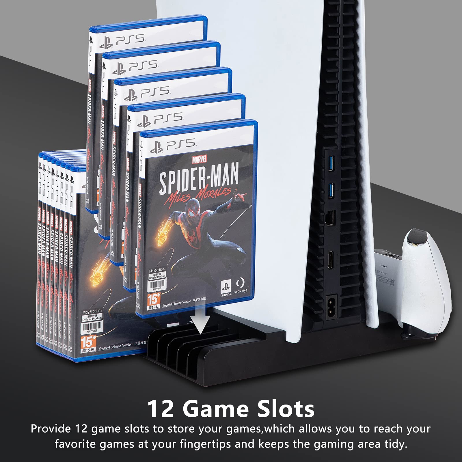 My Genik Touch on Charger with 3 Fan Cooler for PS5 Digital Edition & Ultra HD Console Vertical Cooling Stand with LED Indicators, USB Fast Charging Dock Station with 12PCS Games Storage