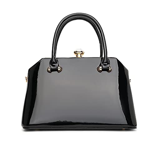 Style Strategy Push Lock Crossbody for women trapezoid Handbags Hardware Chain Crocodile Textured Shoulder black patent leather bag