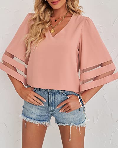 LookbookStore Women's V Neck Mesh Panel Blouse 3/4 Bell Sleeve Loose Top Shirt Pink Size Medium