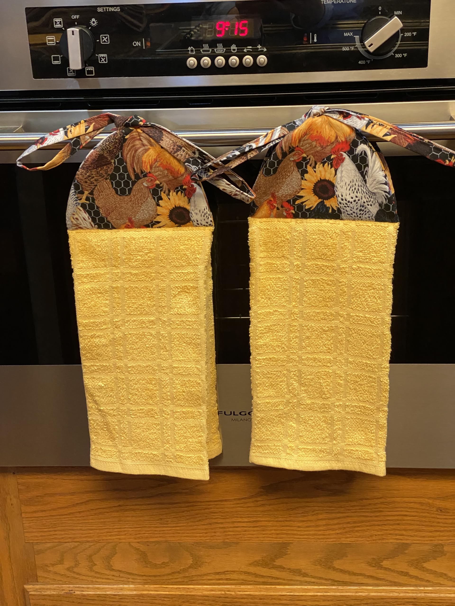 Set of 2 - Roosters Chickens and Sunflowers on Black Reversible Ties On Stays Put Yellow Kitchen Hanging Loop Hand Dish Towels