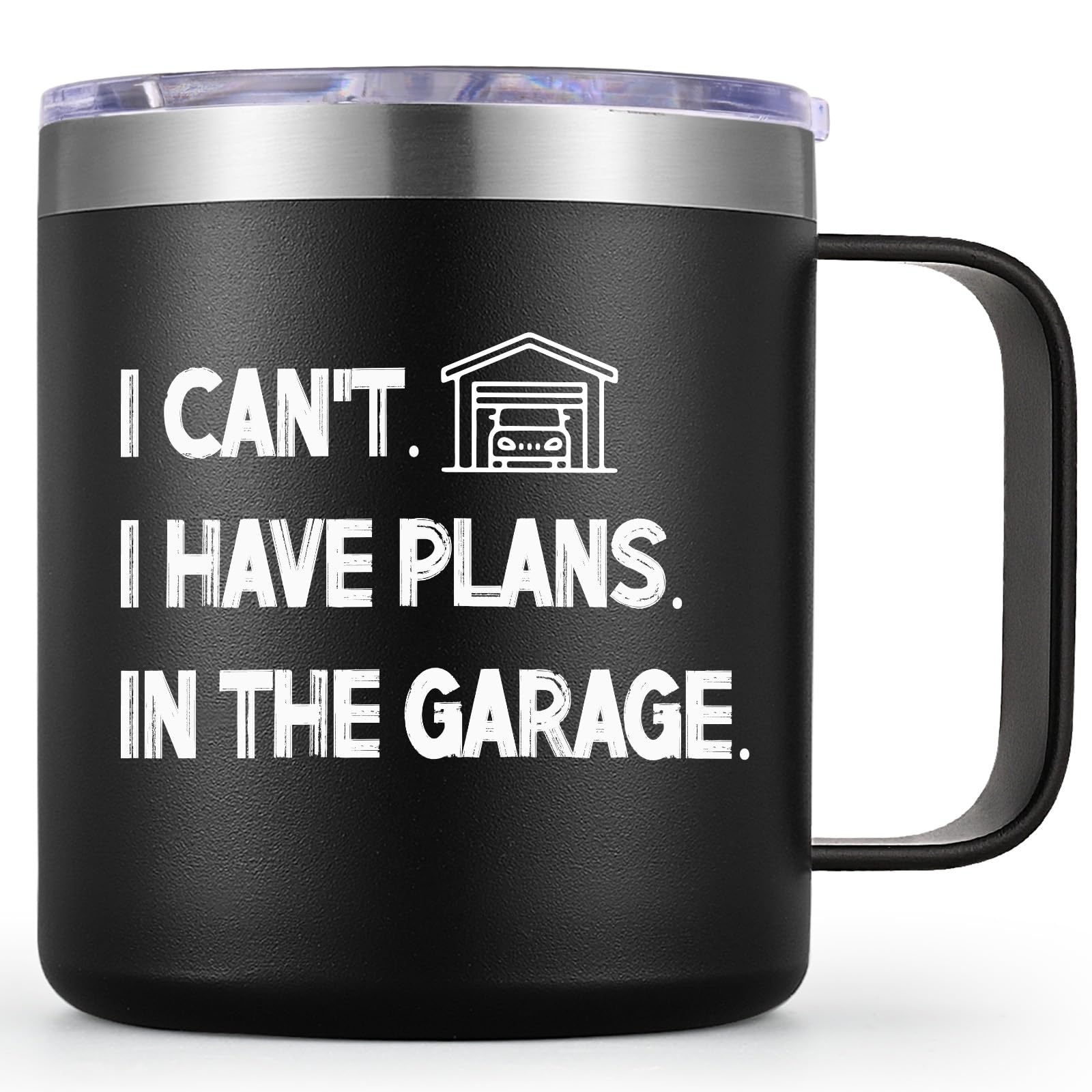 LiqCool Birthday Gifts for Men, I Can't I Have Plans in The Garage 12 Oz Insulated Coffee Mug, Mens Birthday Gift ideas, Christmas Birthday Father's Day Gifts for Men Husband Friends (Black)