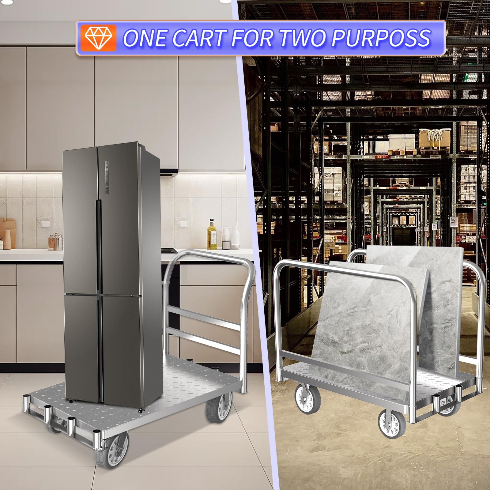Steel Panel Truck, Heavy Duty Drywall Cart Lumber Cart Platform Truck Flat Cart, 2000lbs, 6" Swivel Brake Casters, with 1Front and 2 Side Handrails (36" x 24")