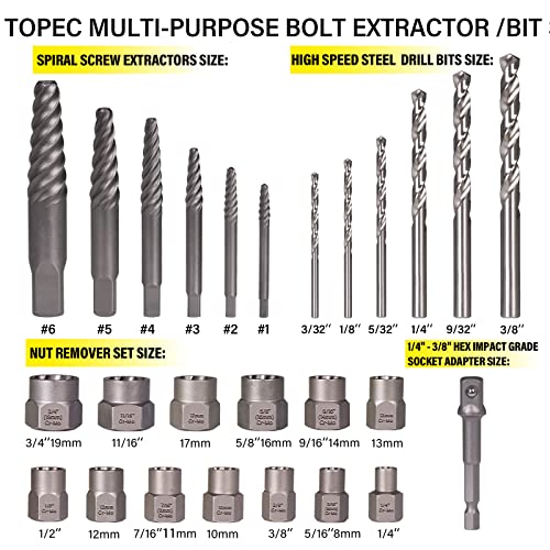 TOPEC Screw Extractor Set, 26 Piece Bolt Extractor Kit and Left Hand Drill Bit with Hex Adapter, Easy Out Stripped Lug Nut Remover Socket for Stripped, Damaged, Rounded-Off, Rusted Bolts, Nuts&Screws