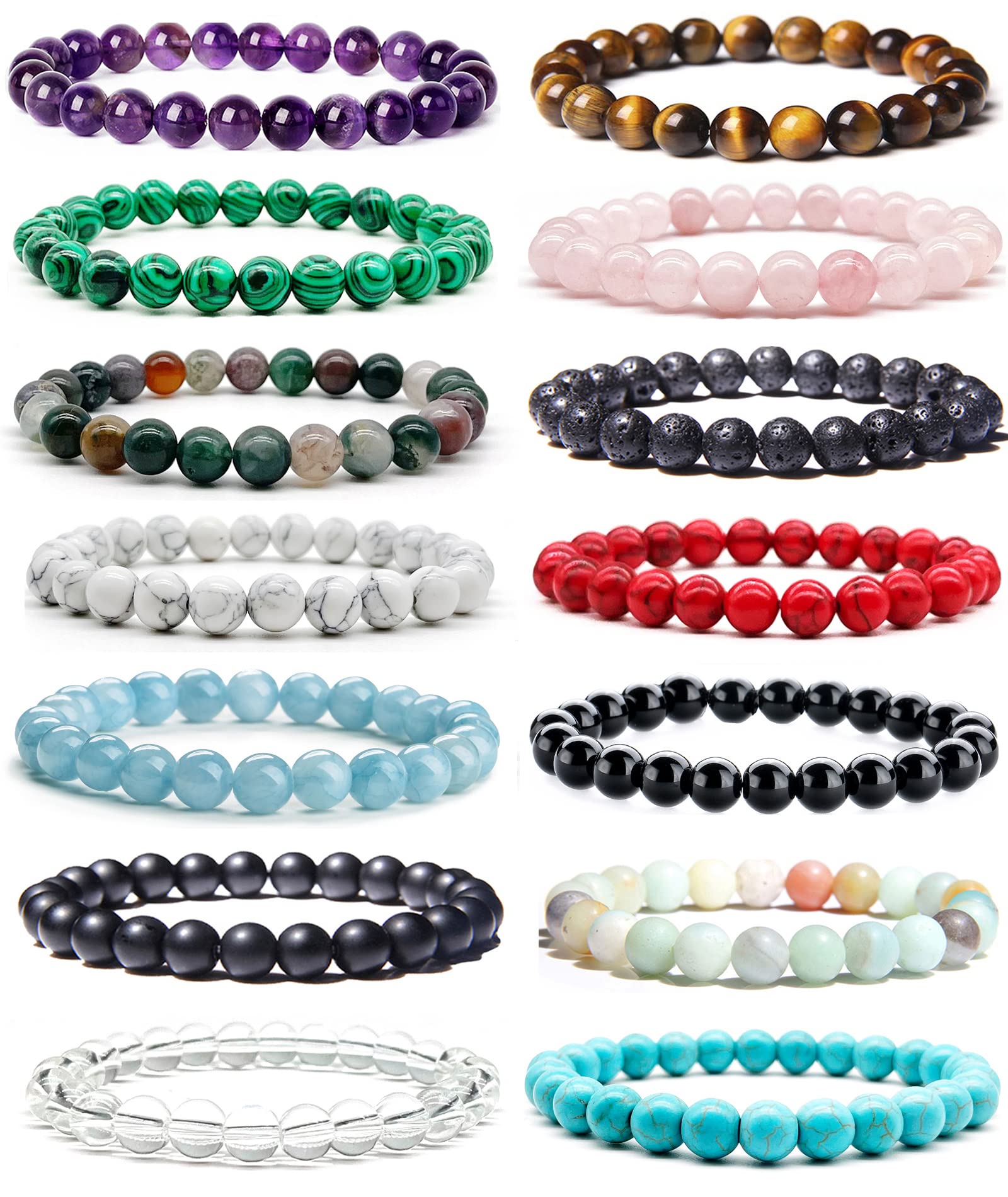 SROBENZ 14 Pcs 8mm Gemstone Crystal Beaded Bracelets for Men Women Stone Healing Bead Semi-Precious Stretch Round Bead Bracelets Unisex