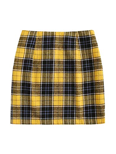 MakeMeChic Women's Plaid Skirt High Waisted Pencil Mini Skirt Yellow Navy XL