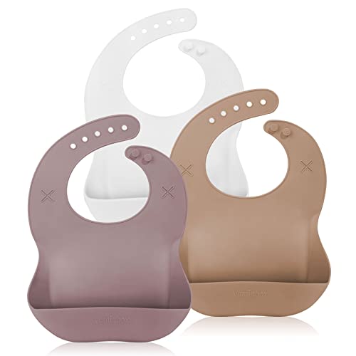 vuminbox Silicone Baby Bib with 2 Holes for Paper Towel, Adjustable Fit Waterproof Soft Bibs for Babies & Toddlers (10-72 Months) (Cigar + Light Orange + White Snow)